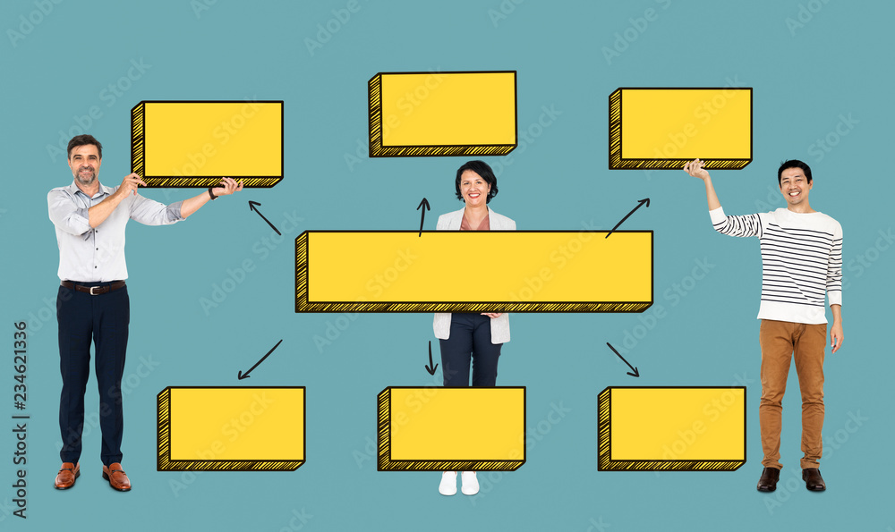 Happy diverse people with a flow chart Stock Photo | Adobe Stock