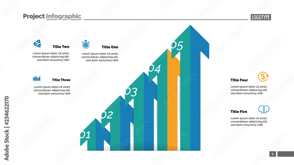Arrow diagram with five steps. Bar chart, step diagram, slide template ...