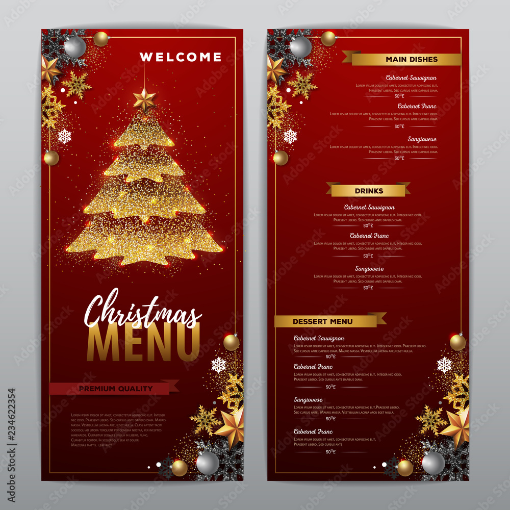 Christmas menu design with golden christmas tree. Restaurant menu ...