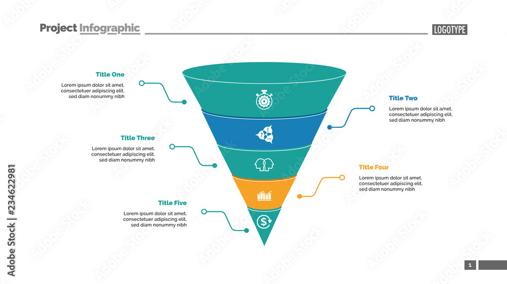 Five cone parts process chart slide template. Business data. Step ...