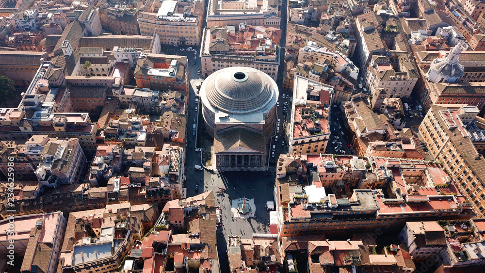 Aerial drone view of iconic Pantheon basilica built as a temple to all ...