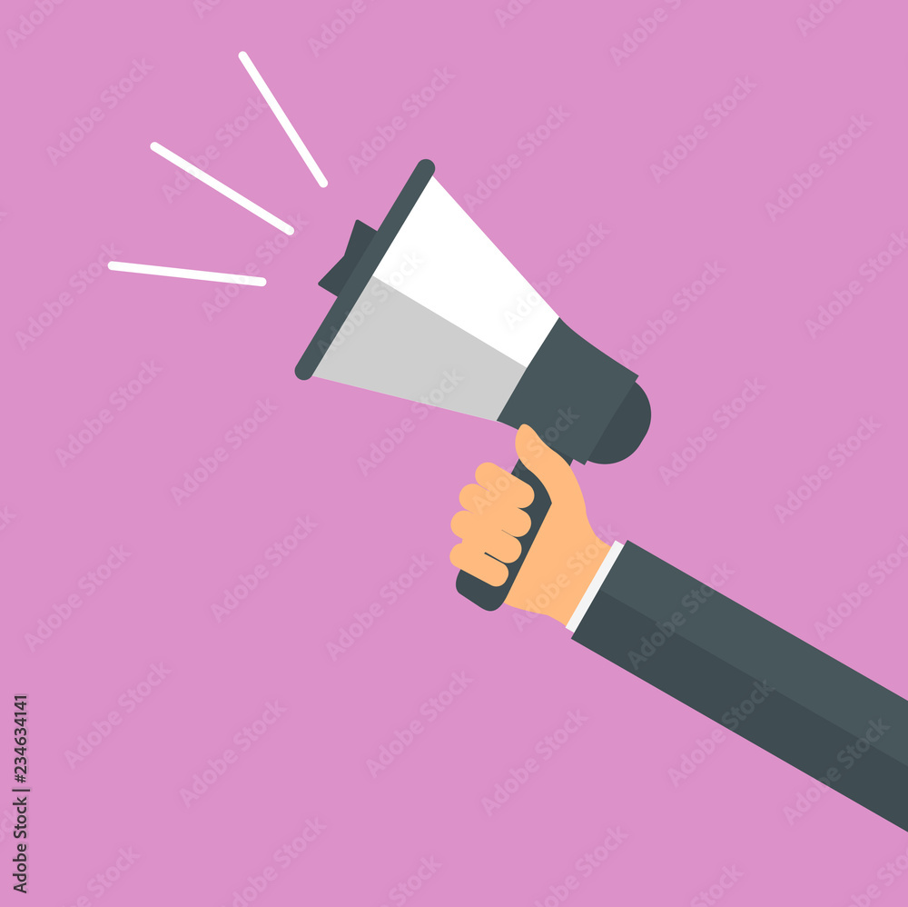 Cartoon human hand holding megaphone. social media marketing concept ...