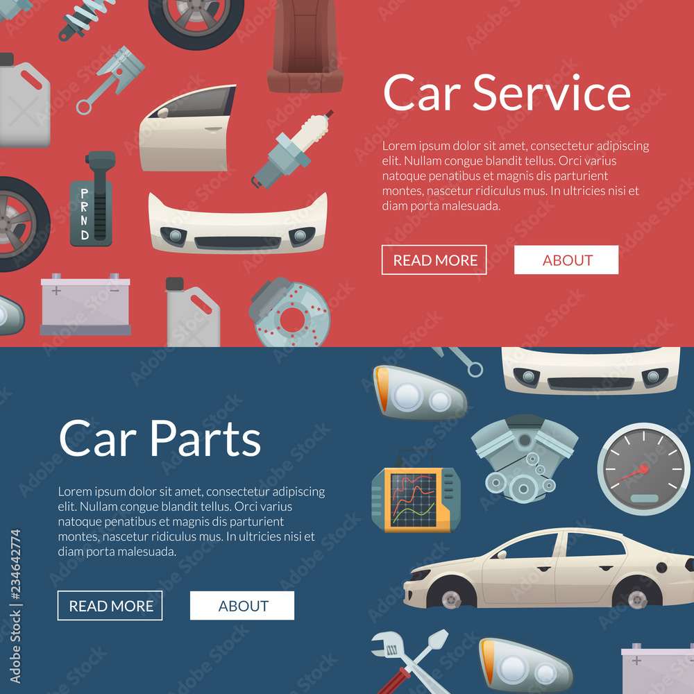 Vector car parts web banner templates illustration. Set of poster car ...