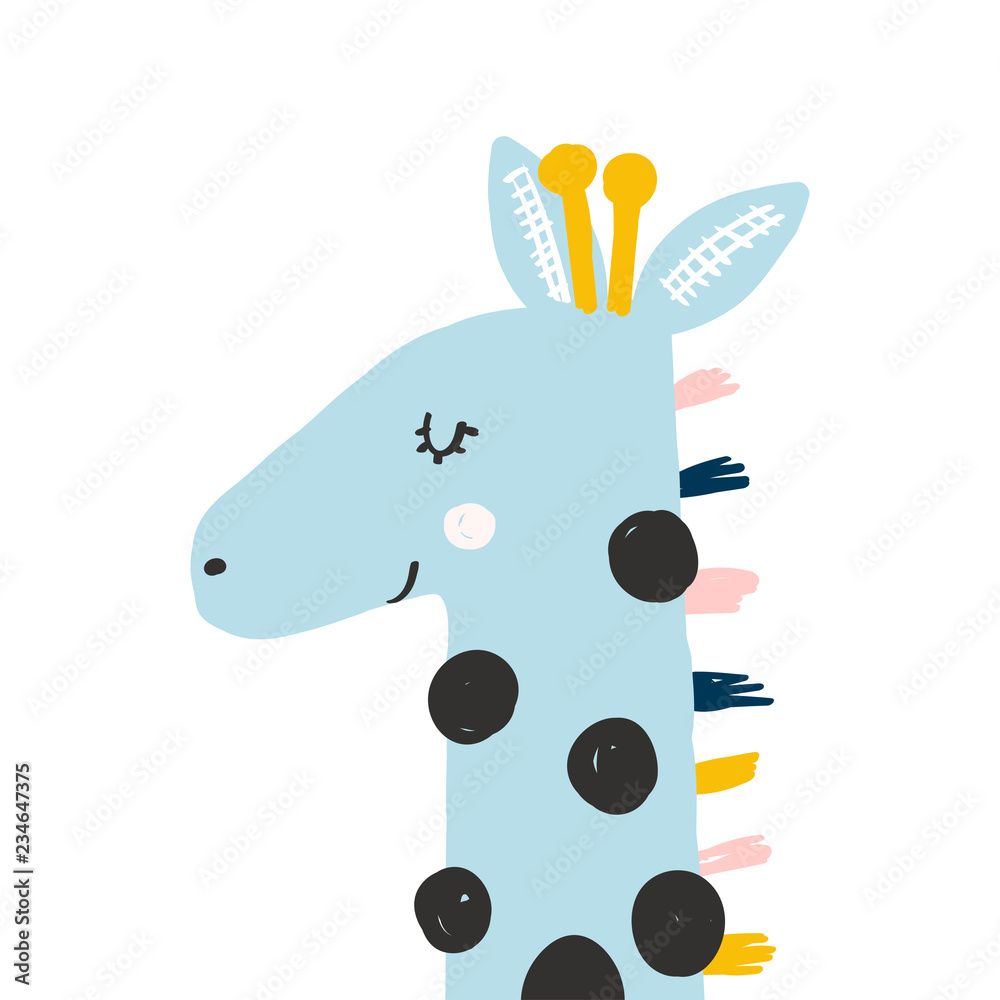 Funny pastel giraffe. Cute graphic for kids. Vector hand drawn ...