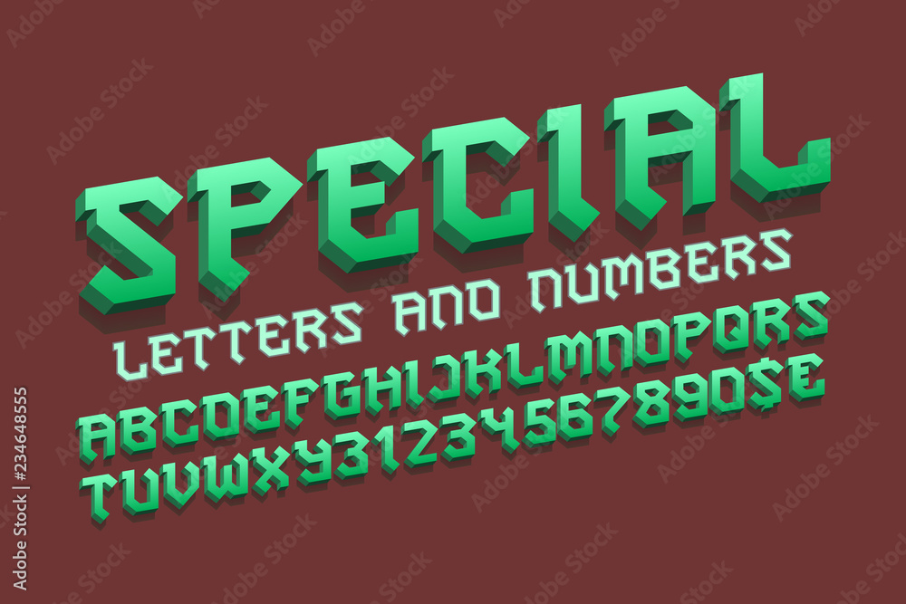 Special alphabet with numbers and currency signs. Green 3d font ...
