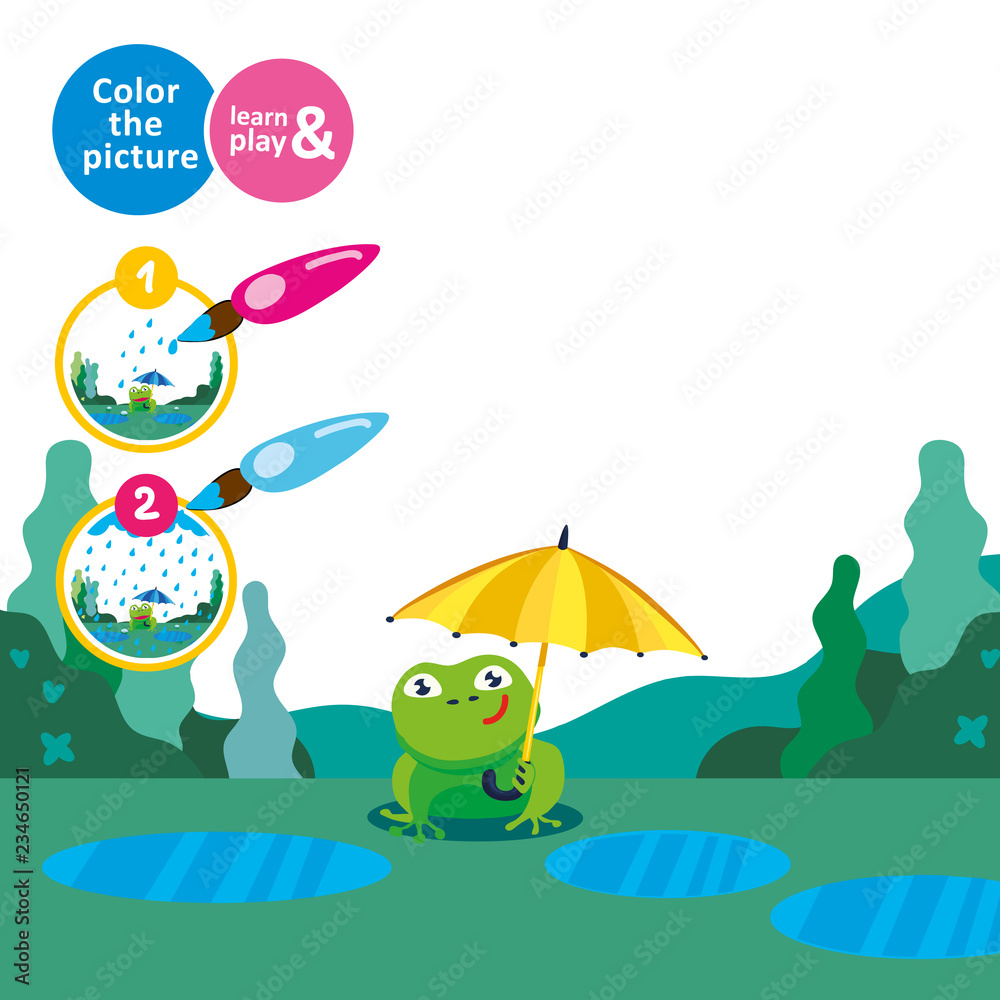 Frog with an umbrella in the rain. Draw rain. Game for small children ...