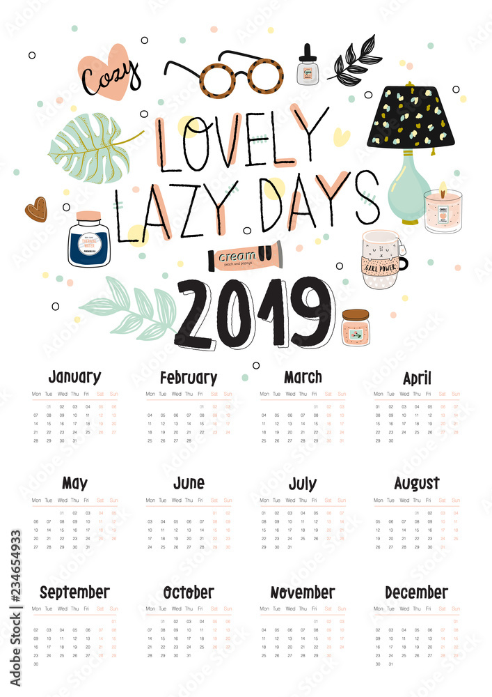 Cute 2019 Calendar. Yearly Planner Calendar with all Months. Good ...