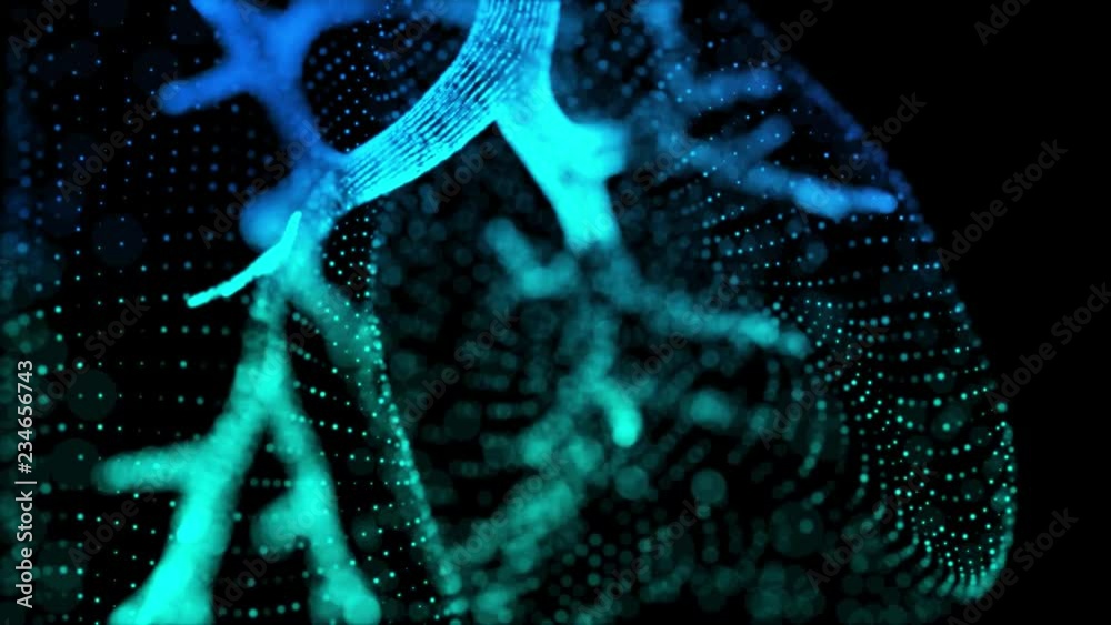 Rotating 360 degree of human lungs. Glowing blue light particles point ...