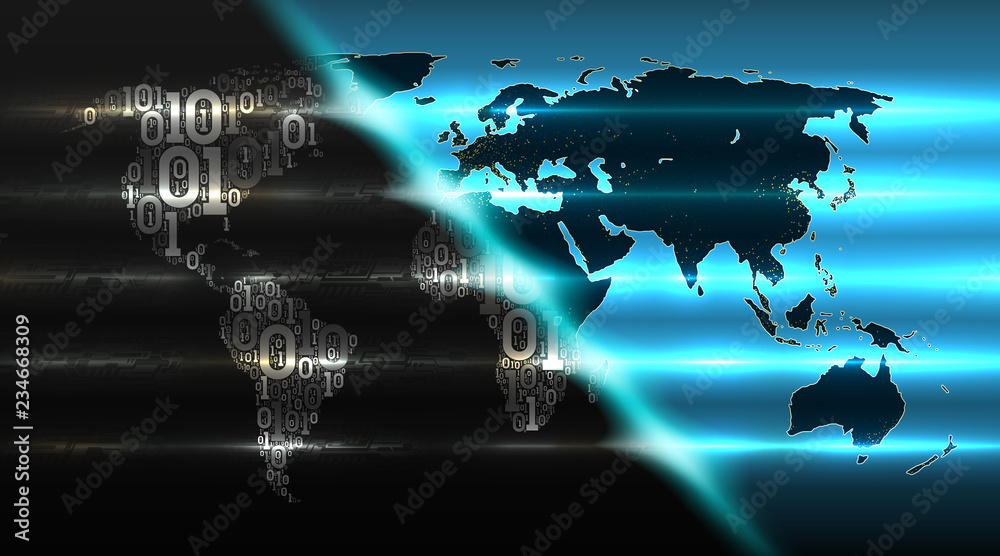 Binary code world map with a background of abstract circuit boards, electronics. Digital ...