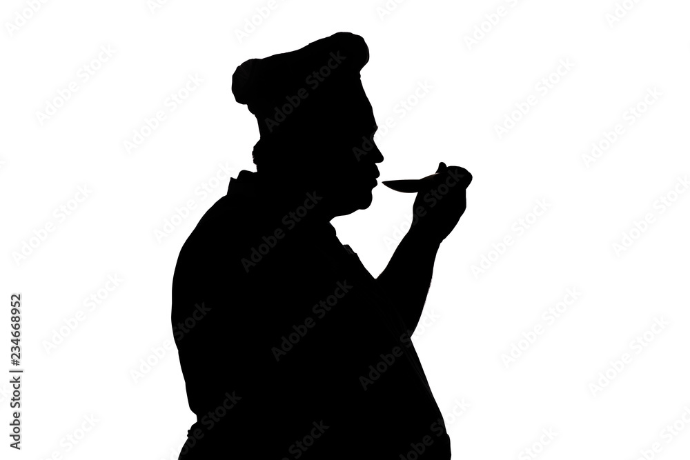 silhouette illustration of a chief-cooker with spoon, cooker tasting ...