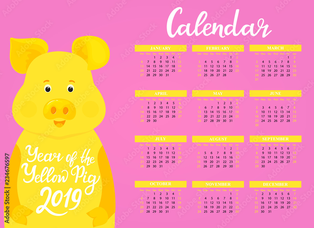 Wall Calendar for 2019 from Sunday to Saturday. Chinese New Year of the ...