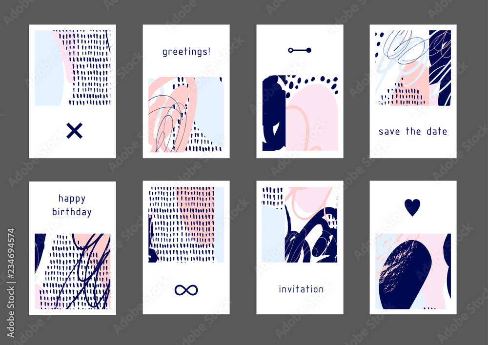 Set of creative universal artistic cards. Designs for prints, wedding ...