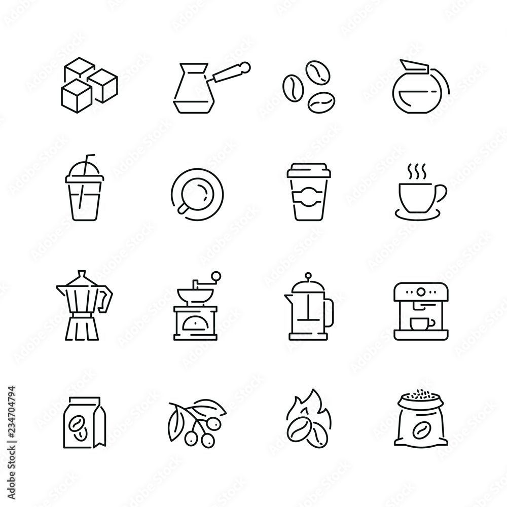 Coffee related icons: thin vector icon set, black and white kit Stock ...
