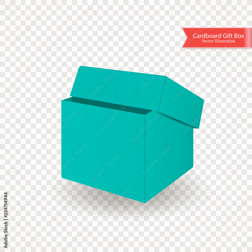 Single half open cardboard green blue box. Front view. Package isolated ...