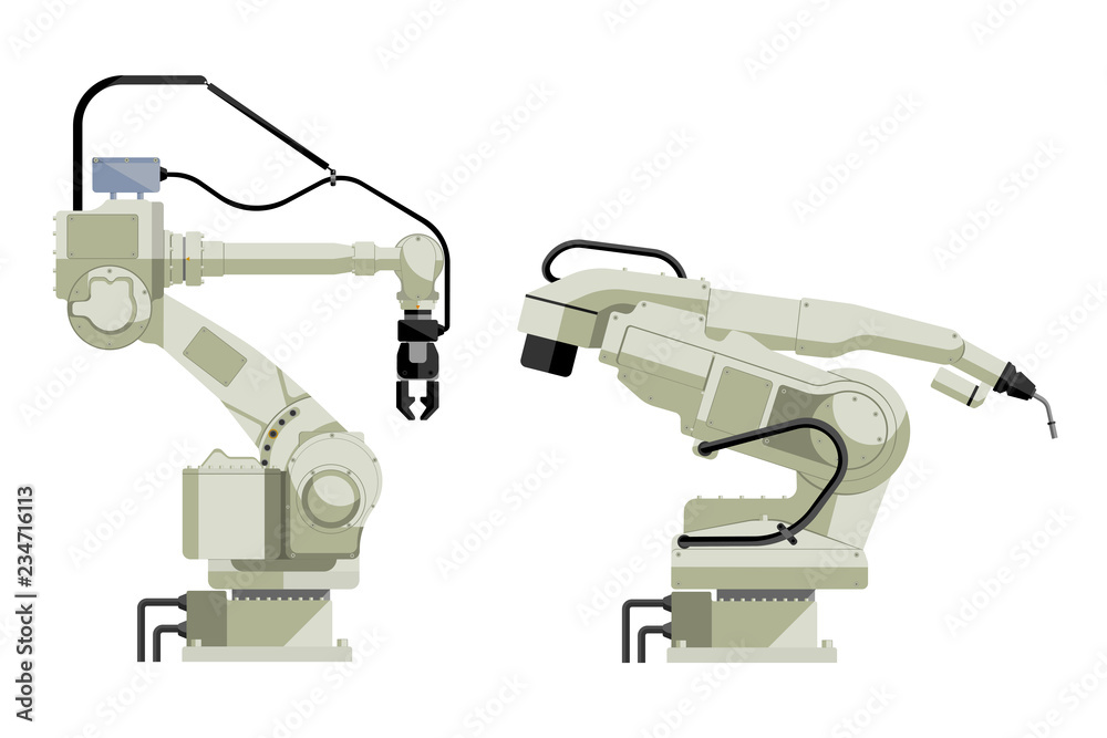 Set of assembly handling and welding robots isolated on white ...