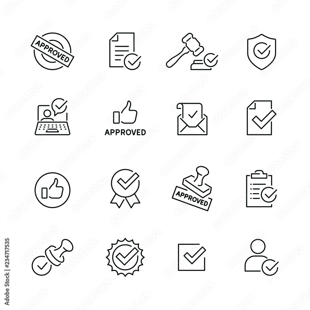 Approve related icons: thin vector icon set, black and white kit Stock ...