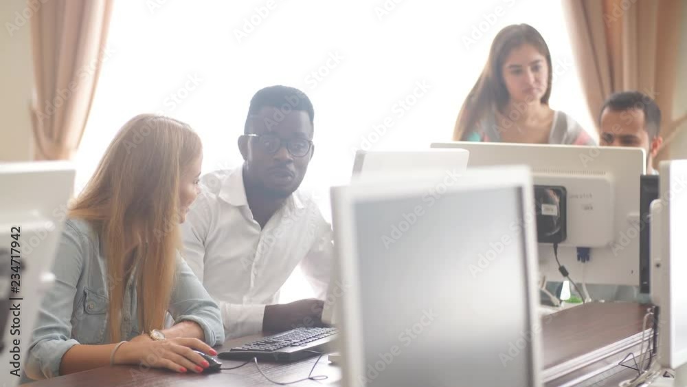 Co-working people and technology concept. Group of students with ...