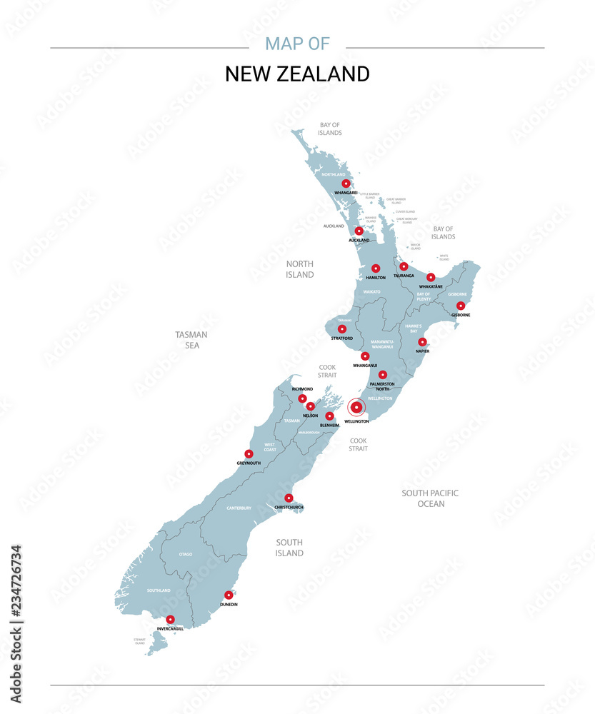 New Zealand vector map. Editable template with regions, cities, red ...