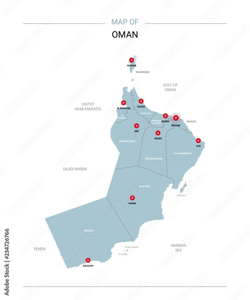 Oman vector map. Editable template with regions, cities, red pins and ...