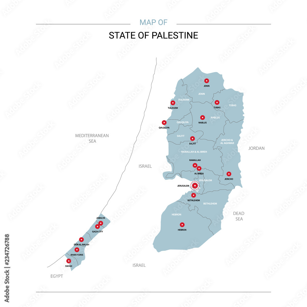 Palestine vector map. Editable template with regions, cities, red pins ...
