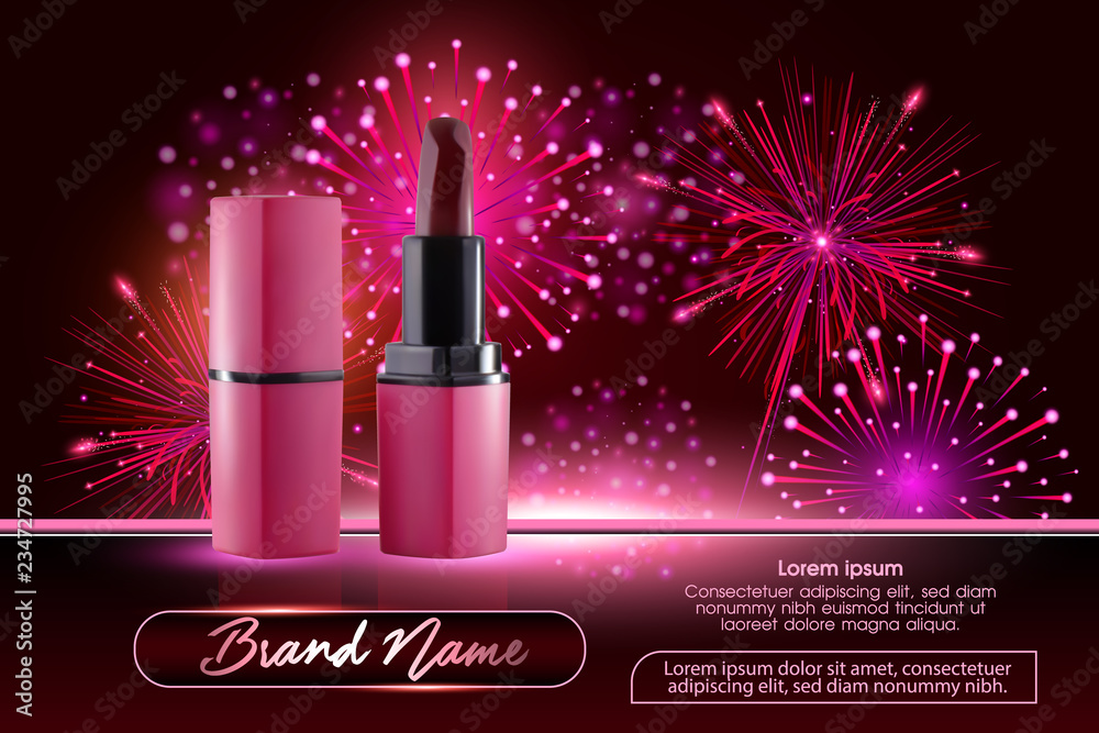 Makeup ads template Charming red lipstick mockup with sparkling ...