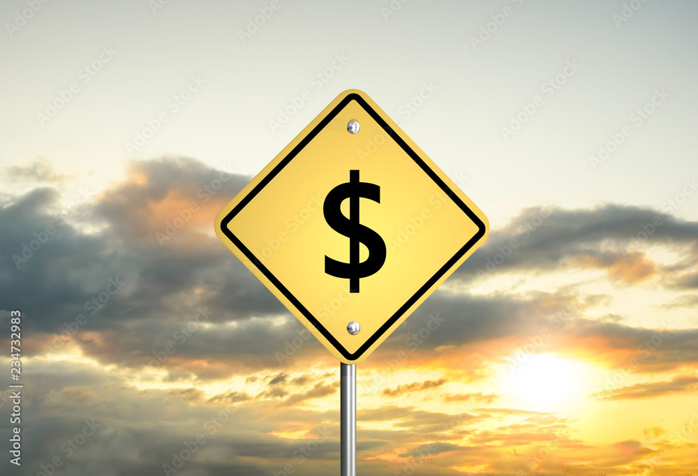 road sign dollar money sign on the sunset sky. 3D illustration Stock ...