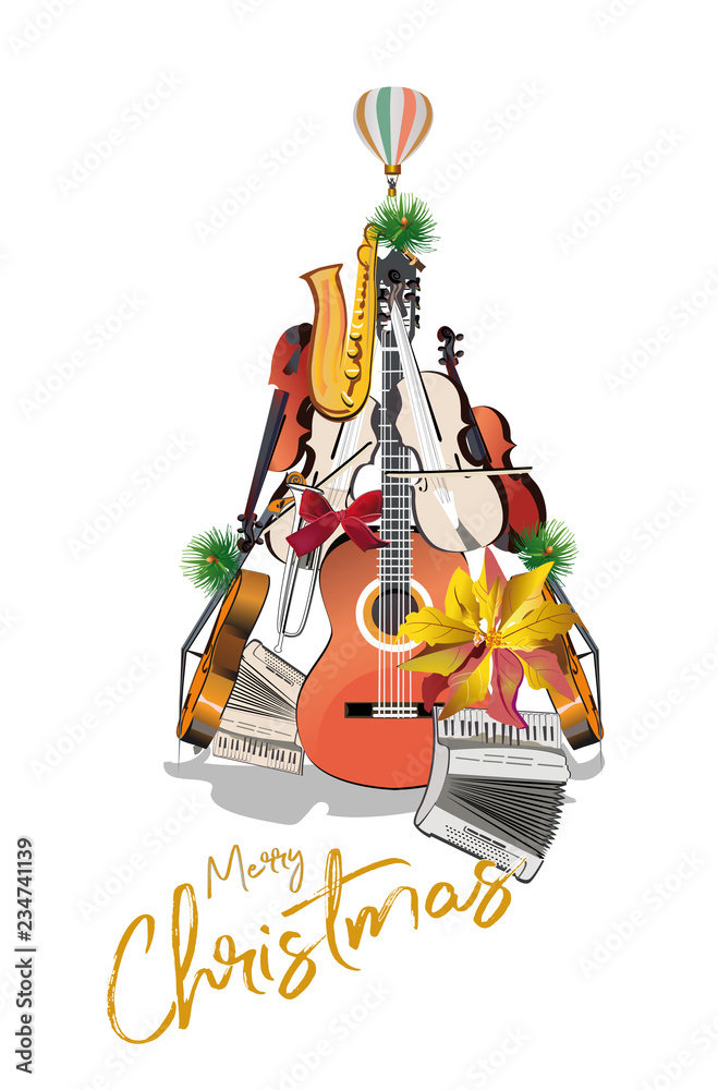Abstract Christmas tree with musical instruments:a guitar, a violin ...