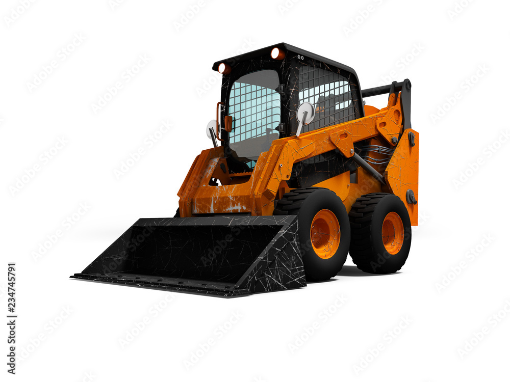 Old orange wheel loader on wheels with bucket 3d render on white ...