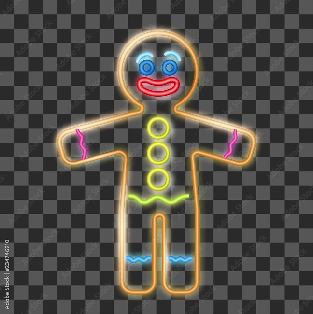 Vector illustration of the gingerbread man neon sign on the transparent ...