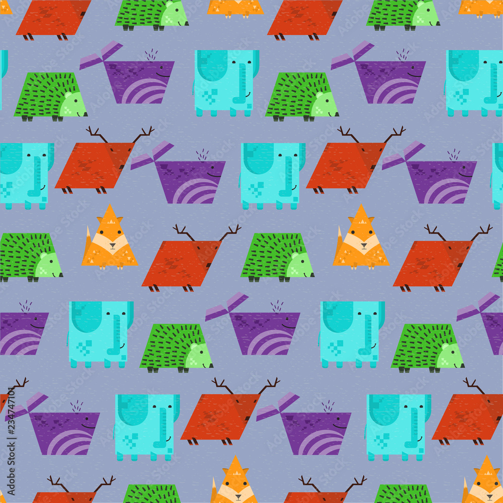 Bright textured kids seamless pattern with cute geometric animals ...