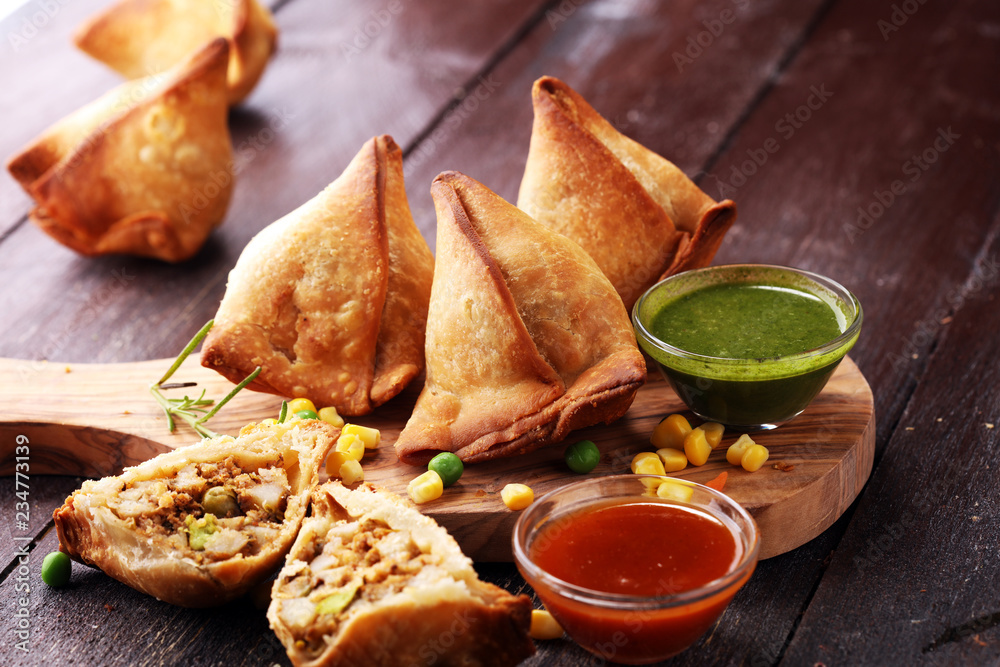 Vegetarian samsa or samosas.Indian special traditional street food ...