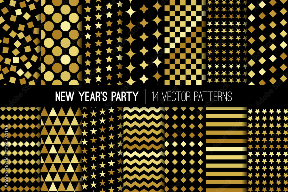 New Year's Party Vector Patterns. Gold Disco Ball, Confetti and Stars ...