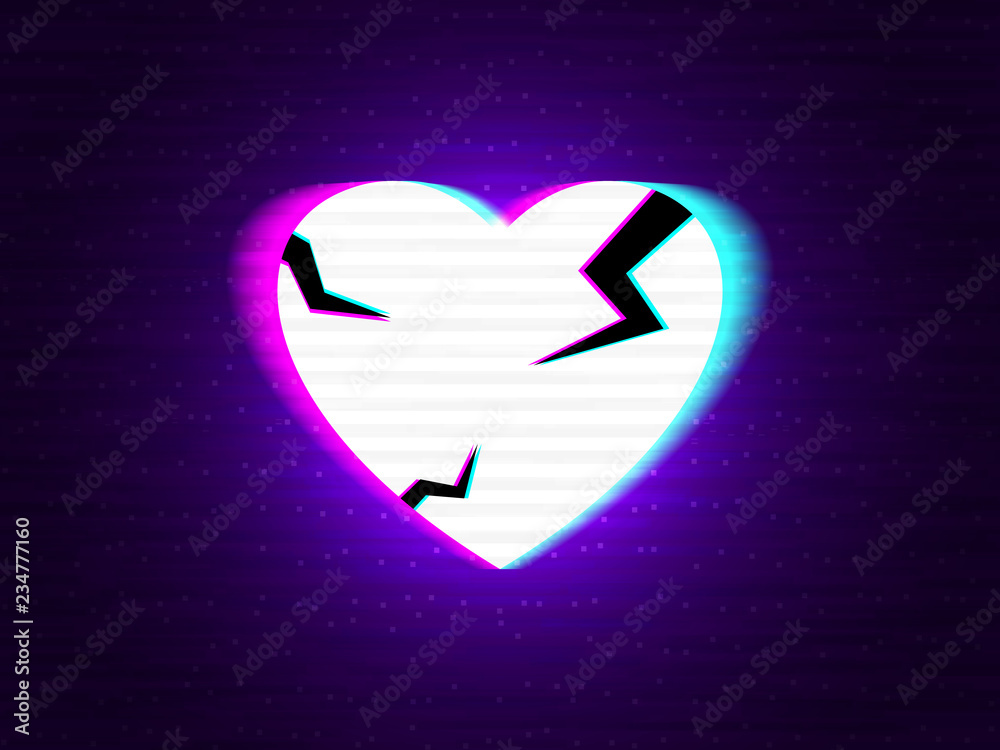Glitch heart broken. Distorted neon love on modern background. Glitched ...