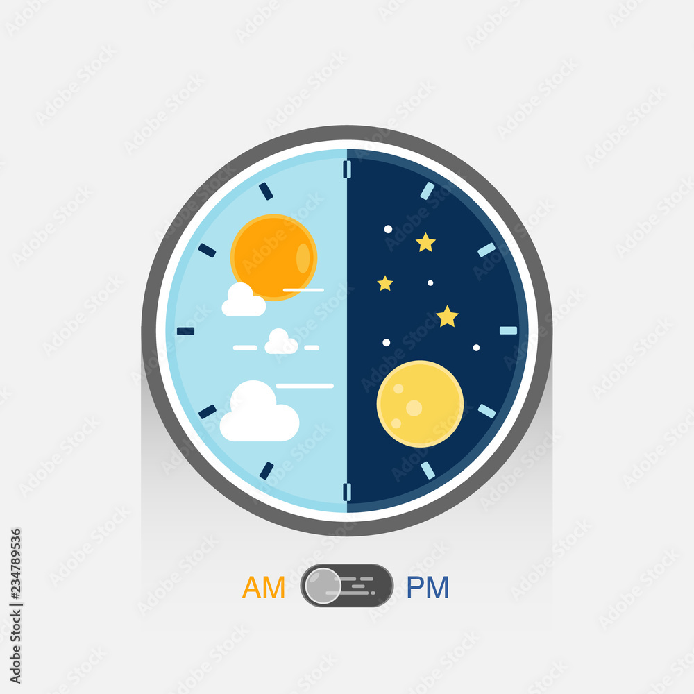 Day and night in clock pattern. Day night concept with sun and moon on ...