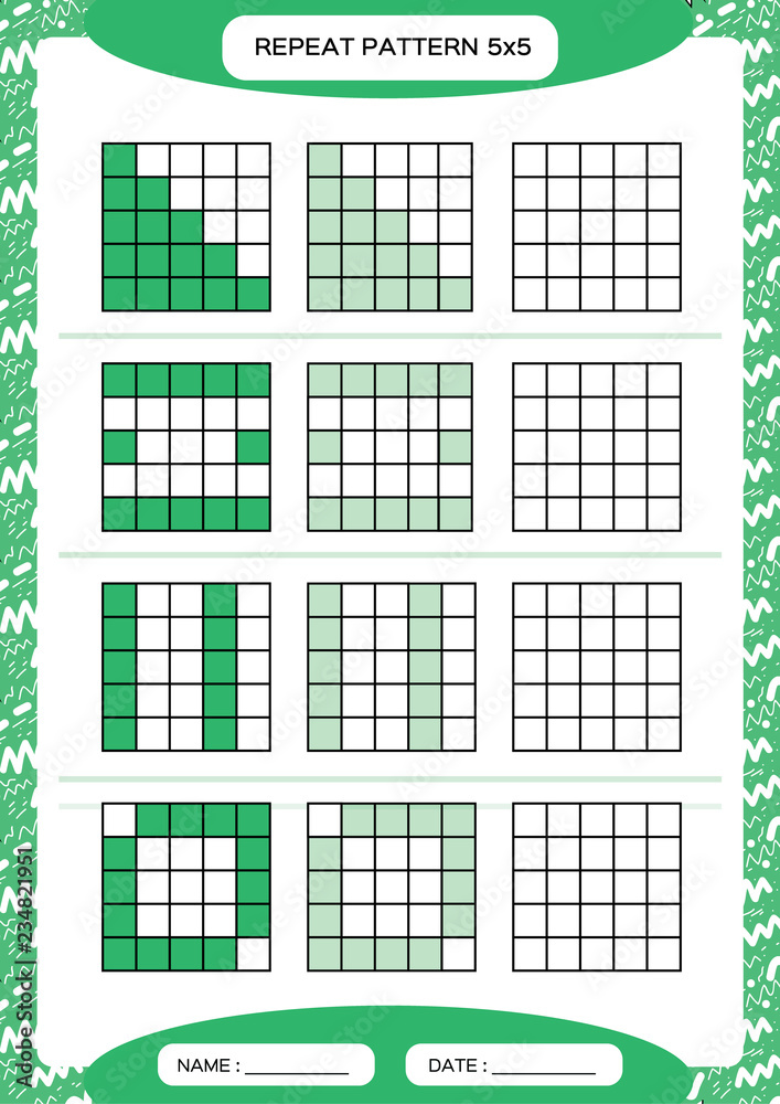 Repeat green pattern. Cube grid with squares. Special for preschool kids. Worksheet for ...