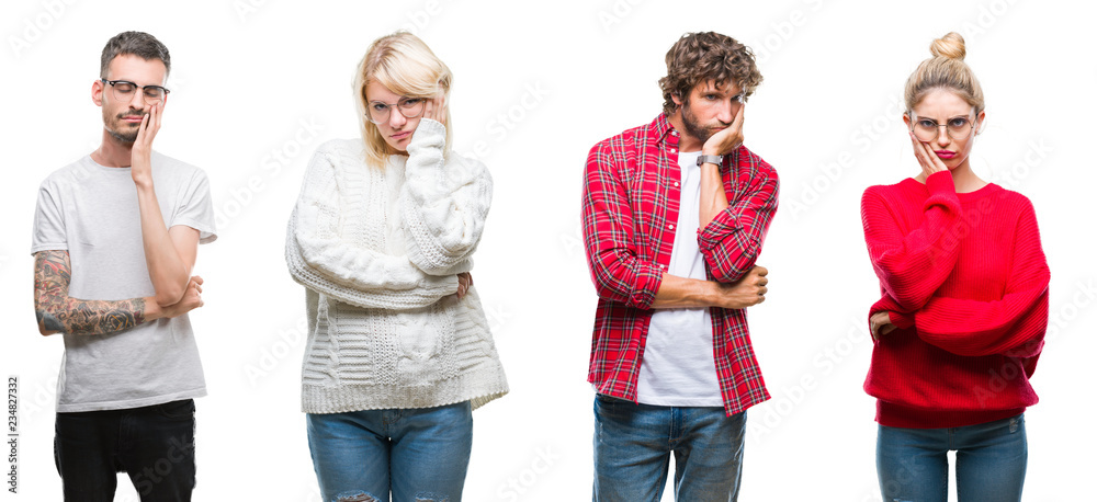 Collage of group of young people over white isolated background ...