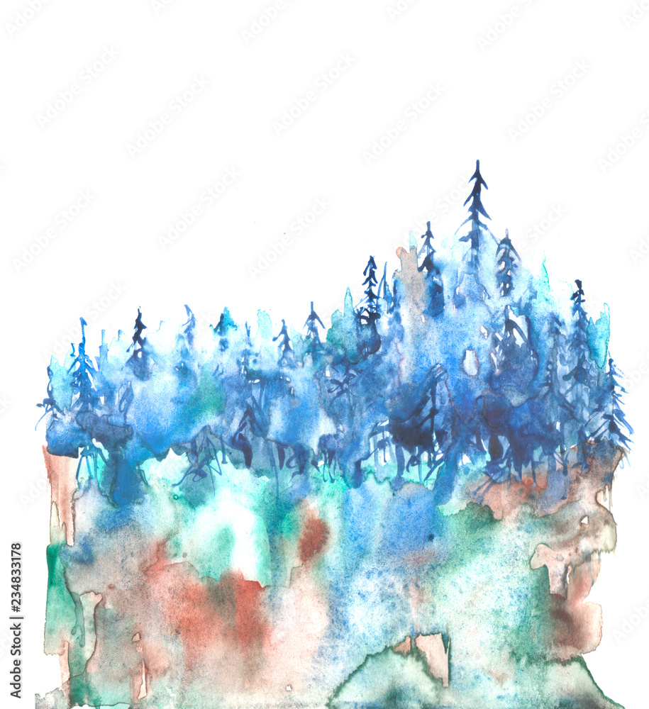Watercolor art illustration. Drawing of the blue forest, pine tree ...