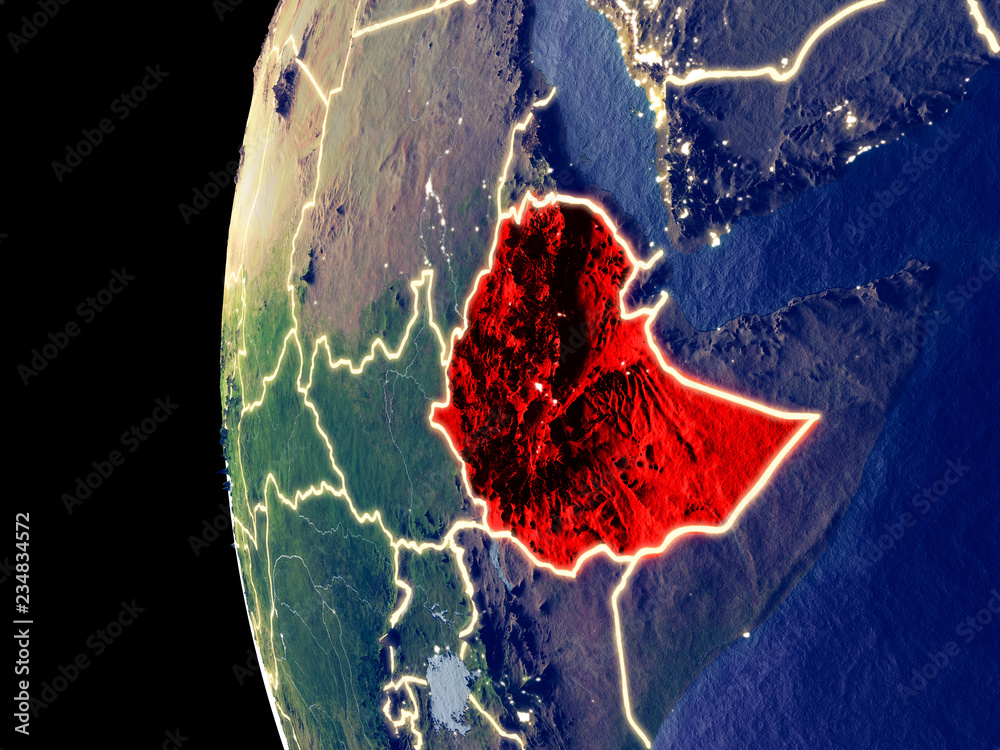 Night view of Ethiopia from space with visible city lights. Very ...