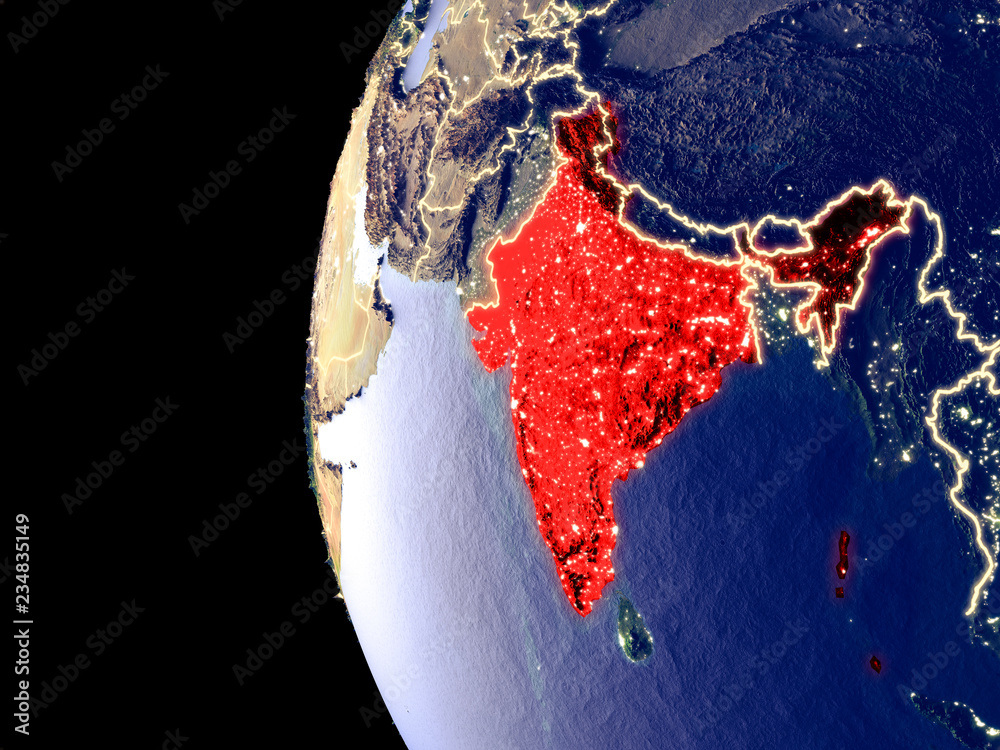 Night view of India from space with visible city lights. Very detailed ...