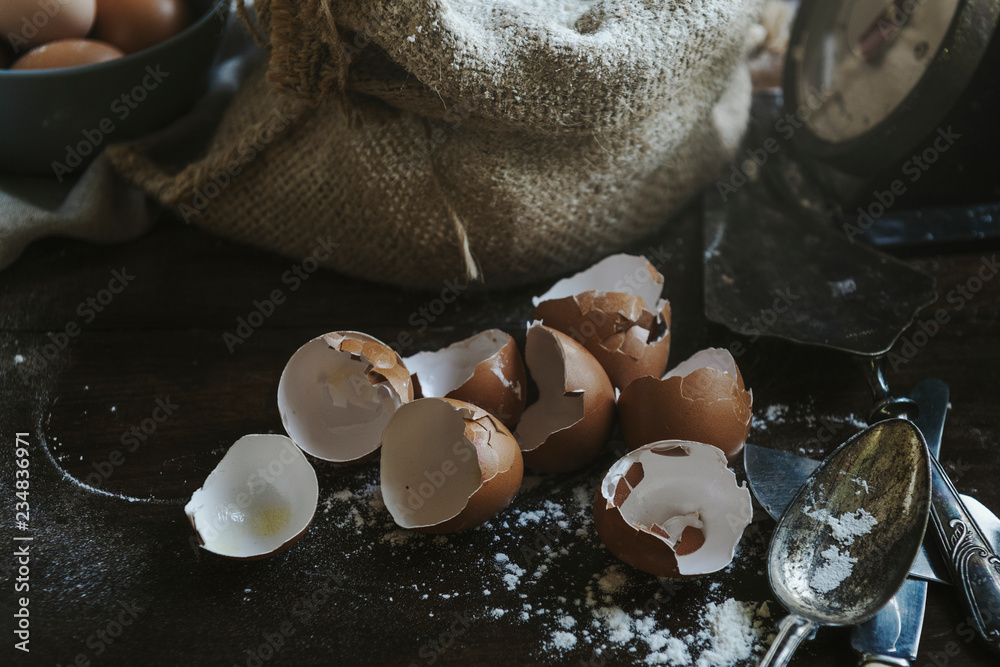 Cracked egg shells and a scale Stock Photo | Adobe Stock