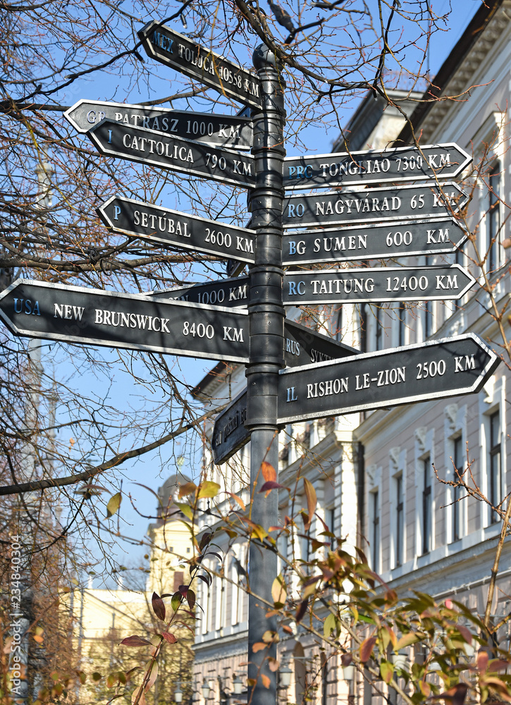 Road signs with distances and city names Stock Photo | Adobe Stock