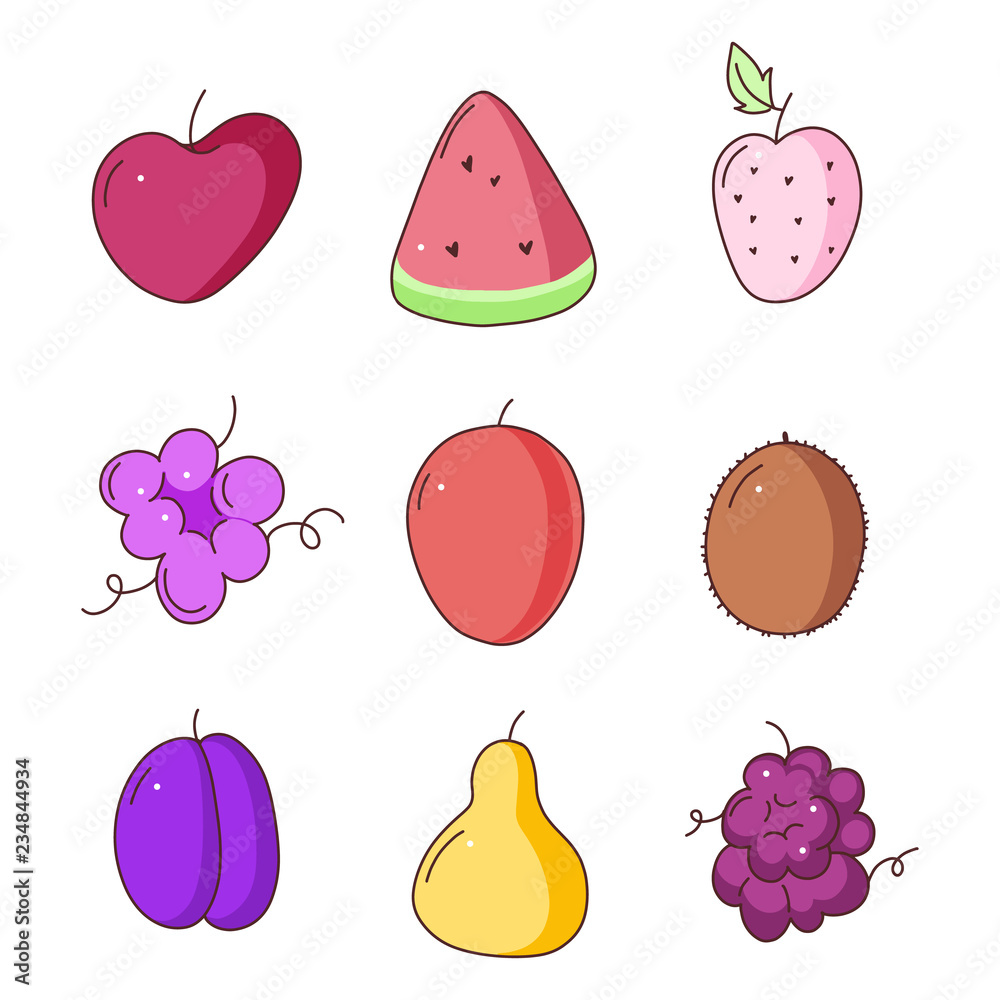 Set of fruits and vegetables. Cartoon illustration of 9 fruit vector ...