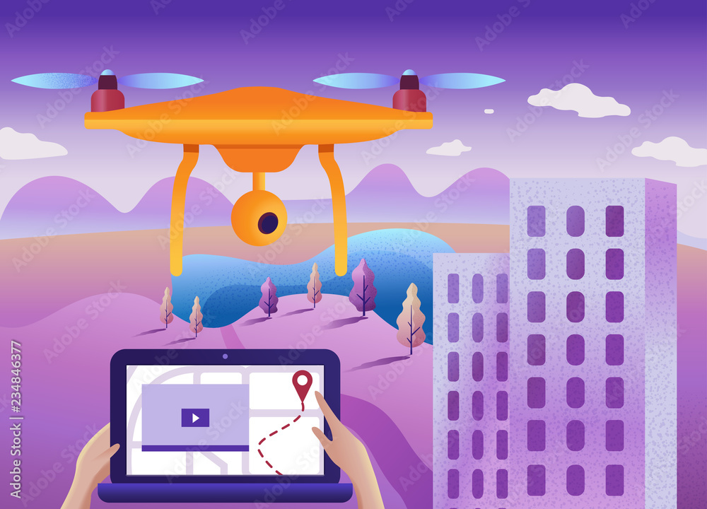 Drone or quadcopter with camera 3d scanning land. Vector illustration ...