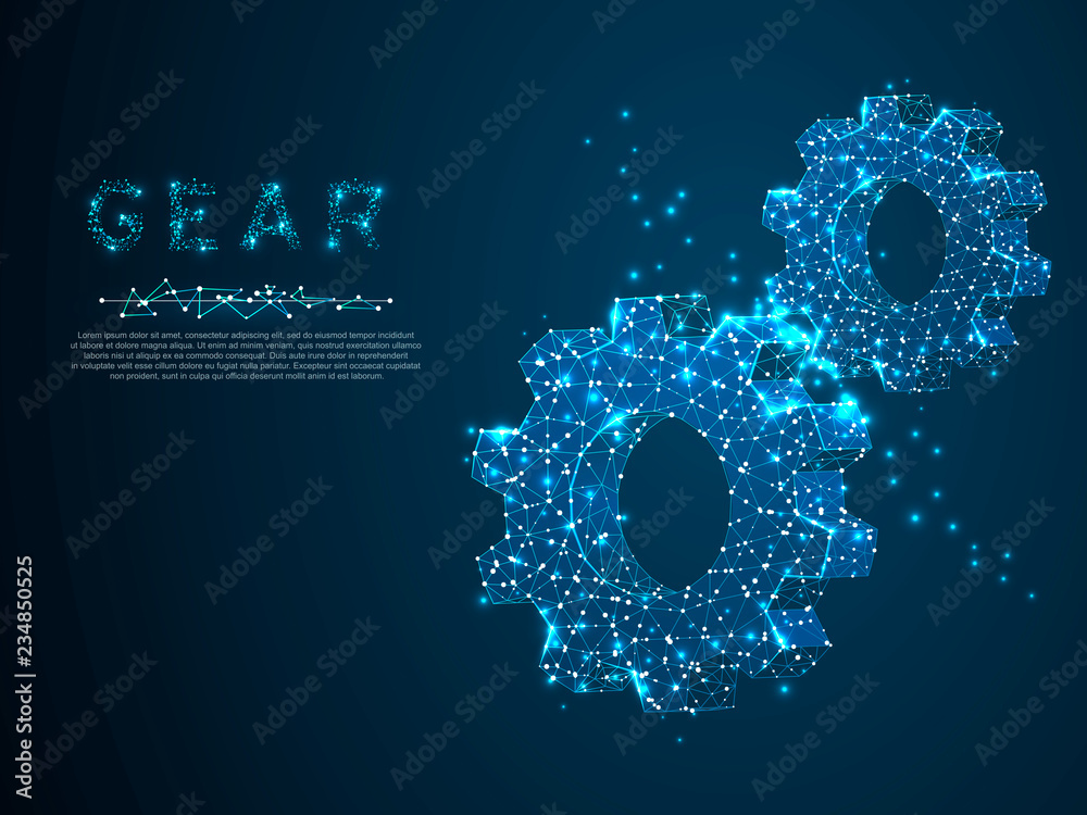 Gears. Vector poligonal wireframe gear 3d illustration on dark blue ...