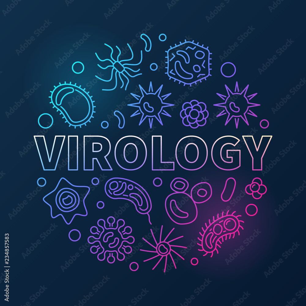 Virology circular vector biology colored illustration in thin line ...