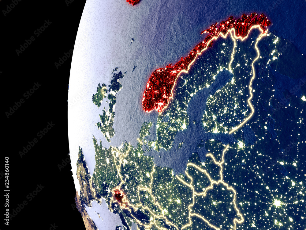 Night view of EFTA countries from space with visible city lights. Very ...