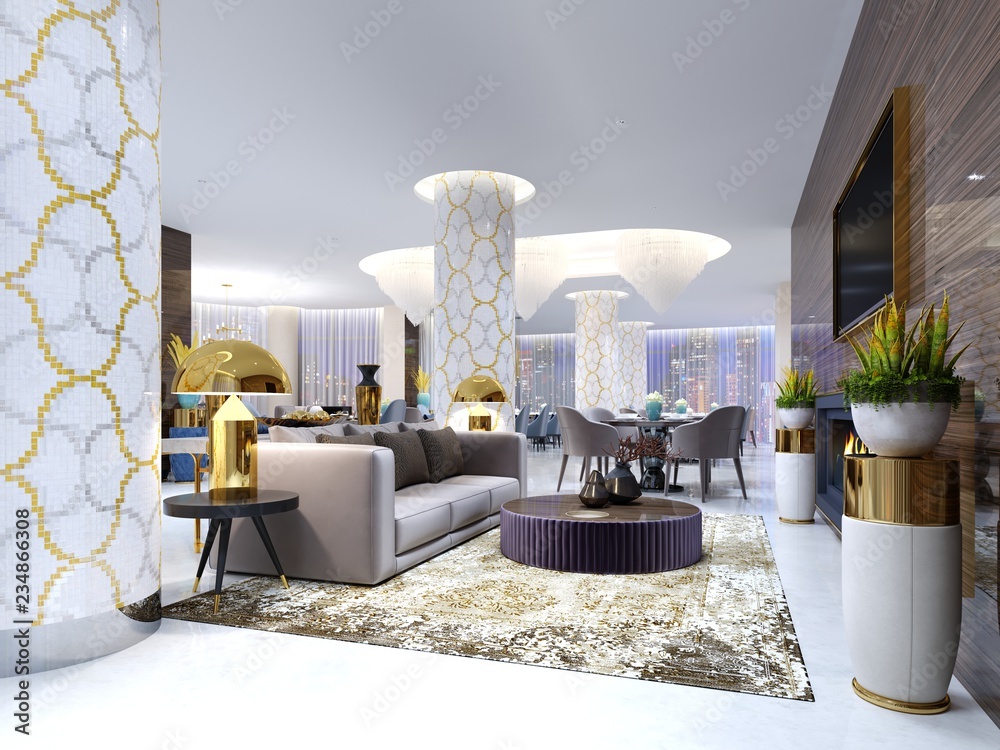 Reception and lounge area in hotel, Luxury sofa with two armchair with ...