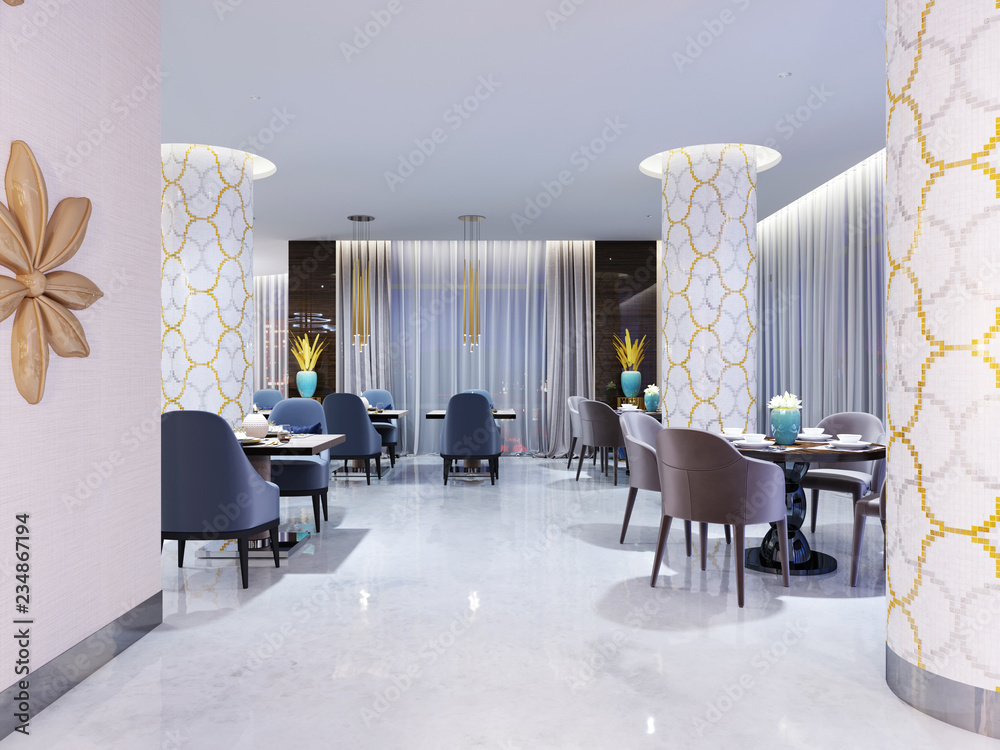 The hotel?s luxurious, bright restaurant with four and two chairs and ...