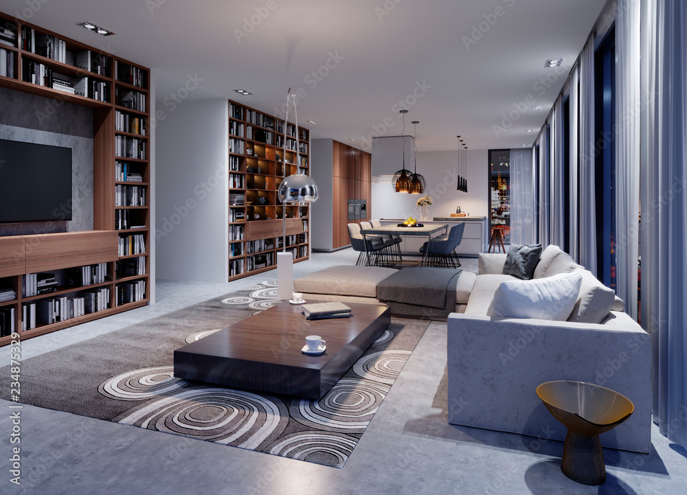 Cozy modern living room in the evening with a corner sofa, designer ...