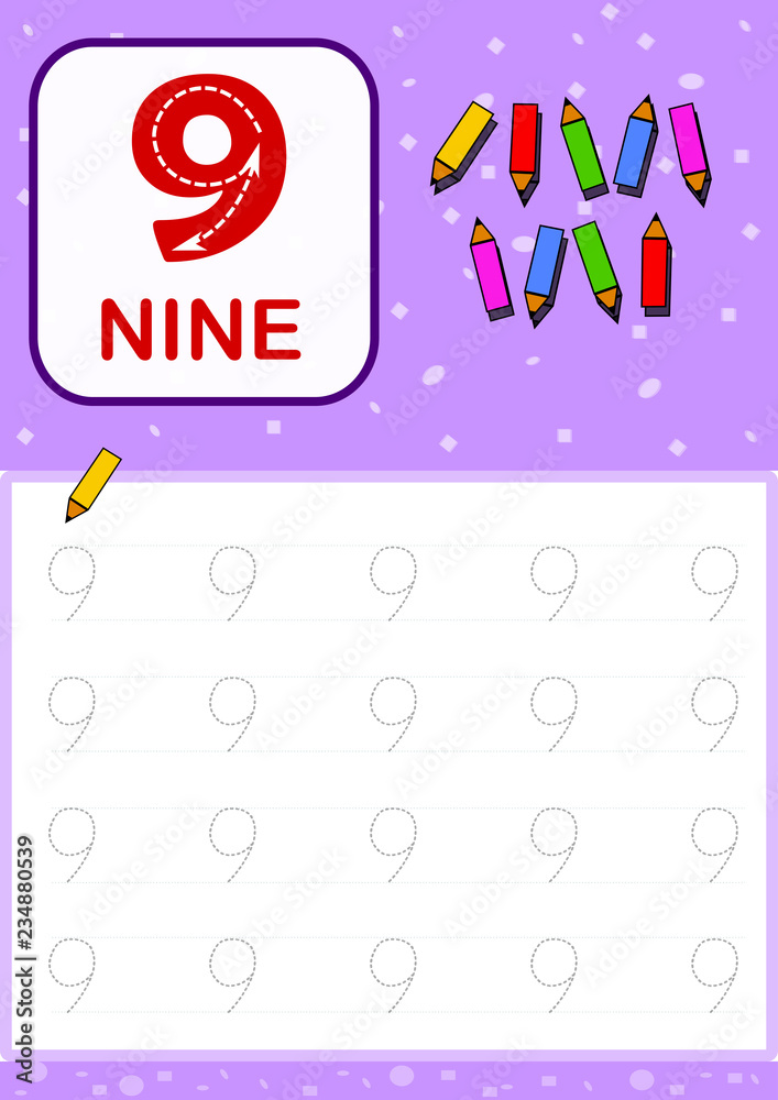 Number nine pattern trace worksheet for kids. Learning to write numbers ...